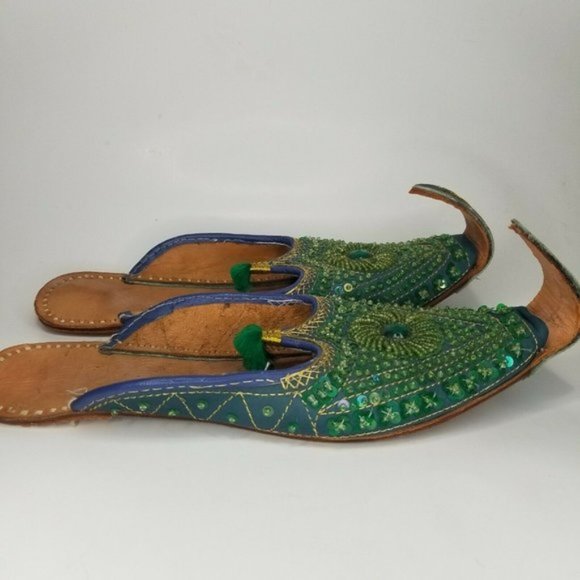 Shoes | Moroccan Arabian Beaded Hand Made Slippers Green Sequined Genie ...